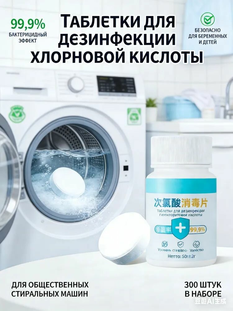 Дезинфицирующие таблетки из хлорновой кислоты 300 штук, 99.9% бактерицидный эффект, для общественных стиральных машин, одежды, безопасные для беременных и детей, для дезинфекции стиральной машины хлорные таблетки для стирки антибактериальные