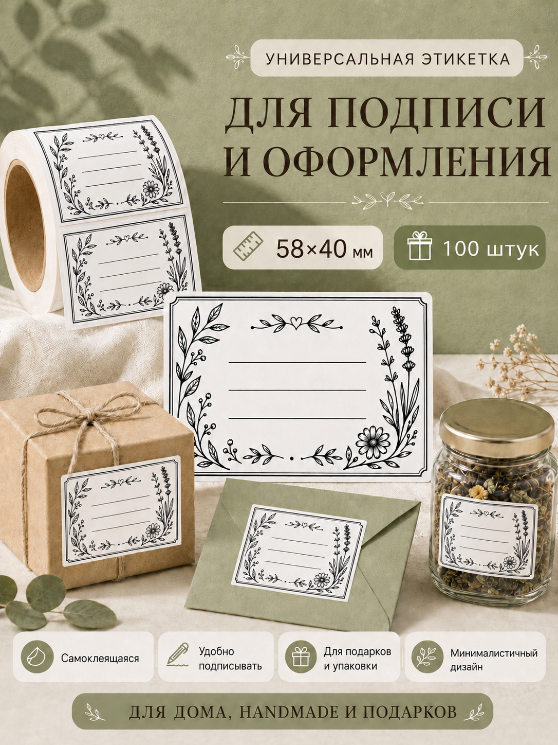 Наклейки HOMERA, универсальные, для подписи, 58x40мм, 100шт, белые