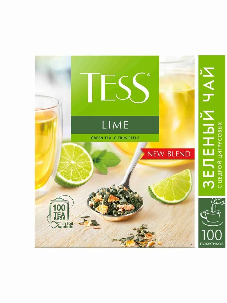 Зеленый чай с цедрой цитрусовых и ароматом лайма Tess Lime в пакетиках, 100 шт