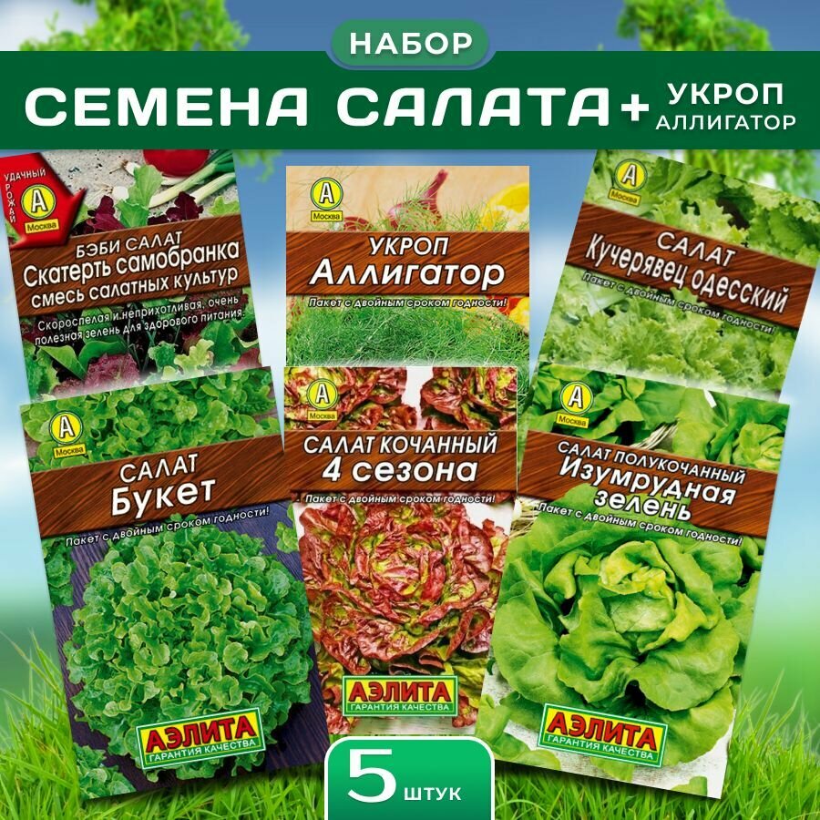 Набор семян салата 5 пакетов + укроп Аллигатор, Агрофирма Аэлита семена салата укроп набор