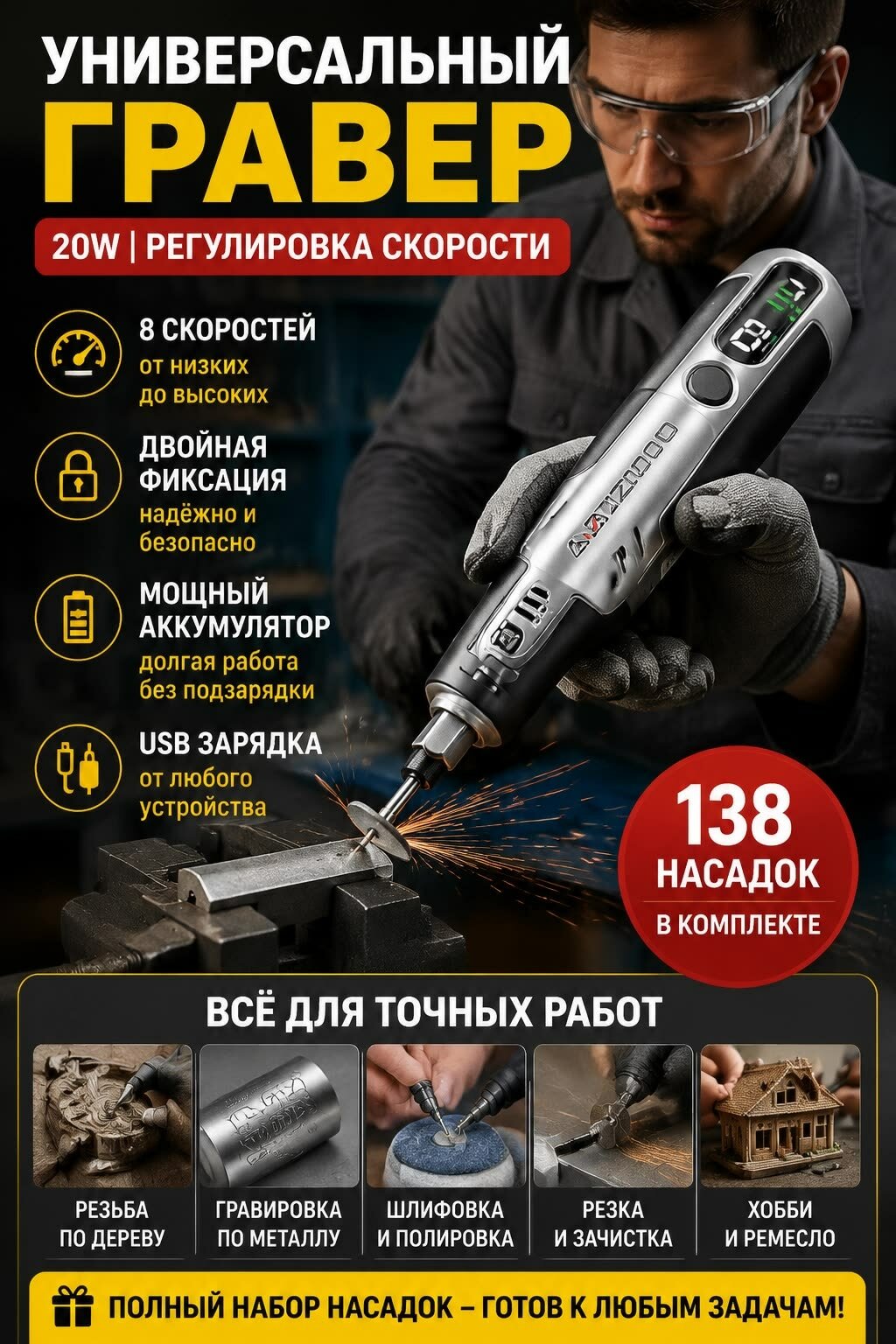 Гравер электрический мини 135 Вт 220 В, с регулировкой скорости, набор насадок для дома, универсальный