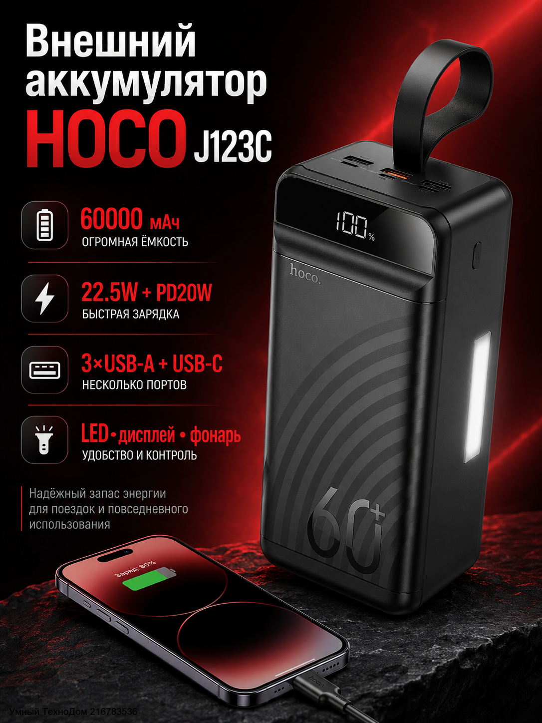Внешний аккумулятор Hoco J123C Element 60000 мАч, 22.5W, PD20W, USB-C, черный