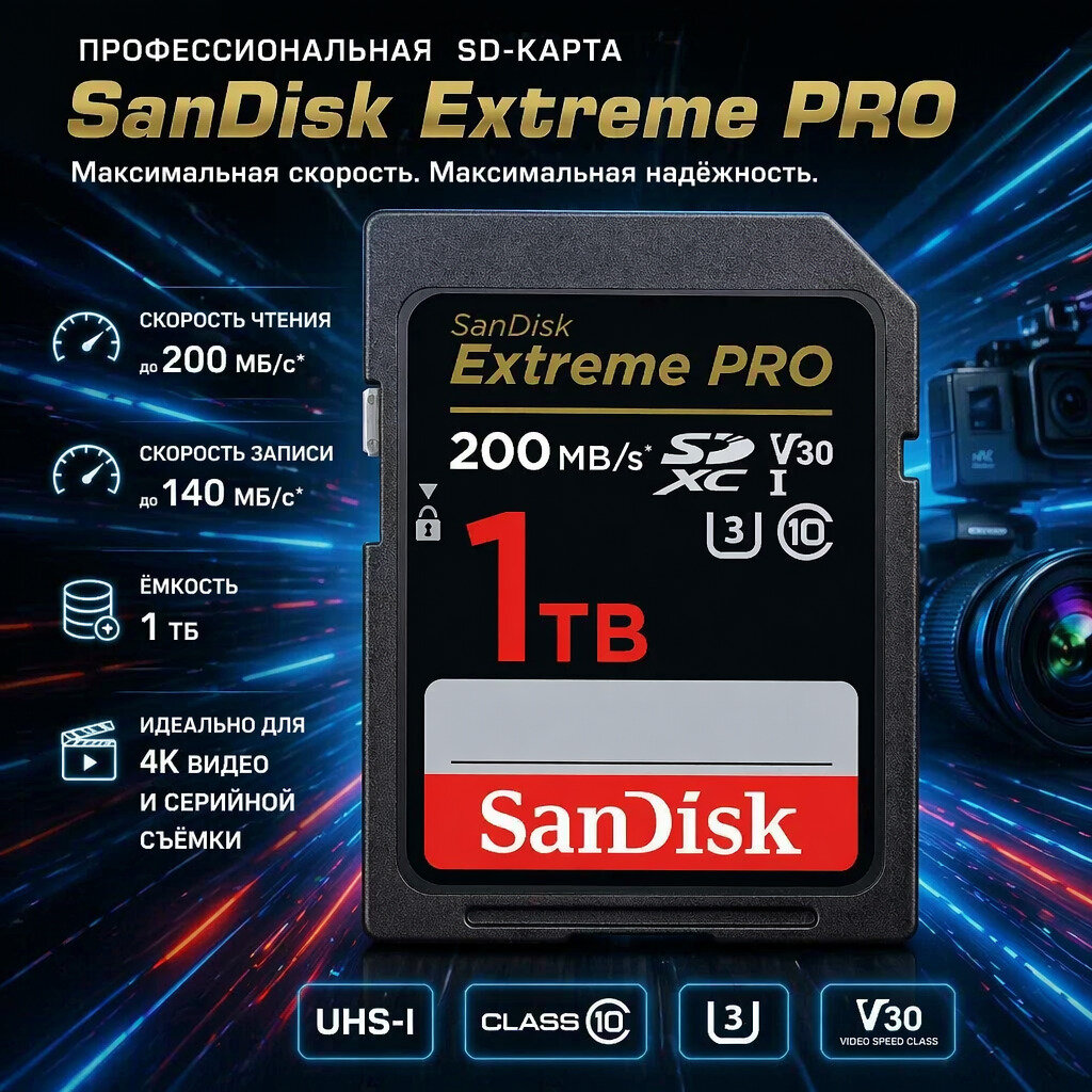 Карта памяти SanDisk SDXC 1 ТБ Extreme Pro UHS-I V30 U3 200/140 Mb/s