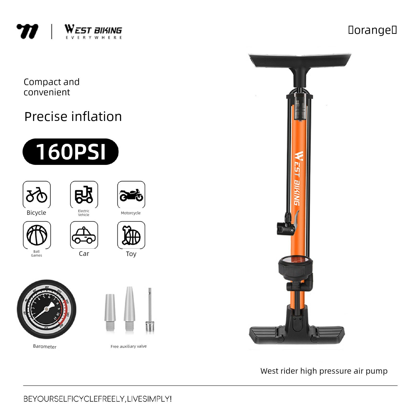 Оранжевый удлиненный велосипедный насос высокого давления 160PSI с электронным манометром