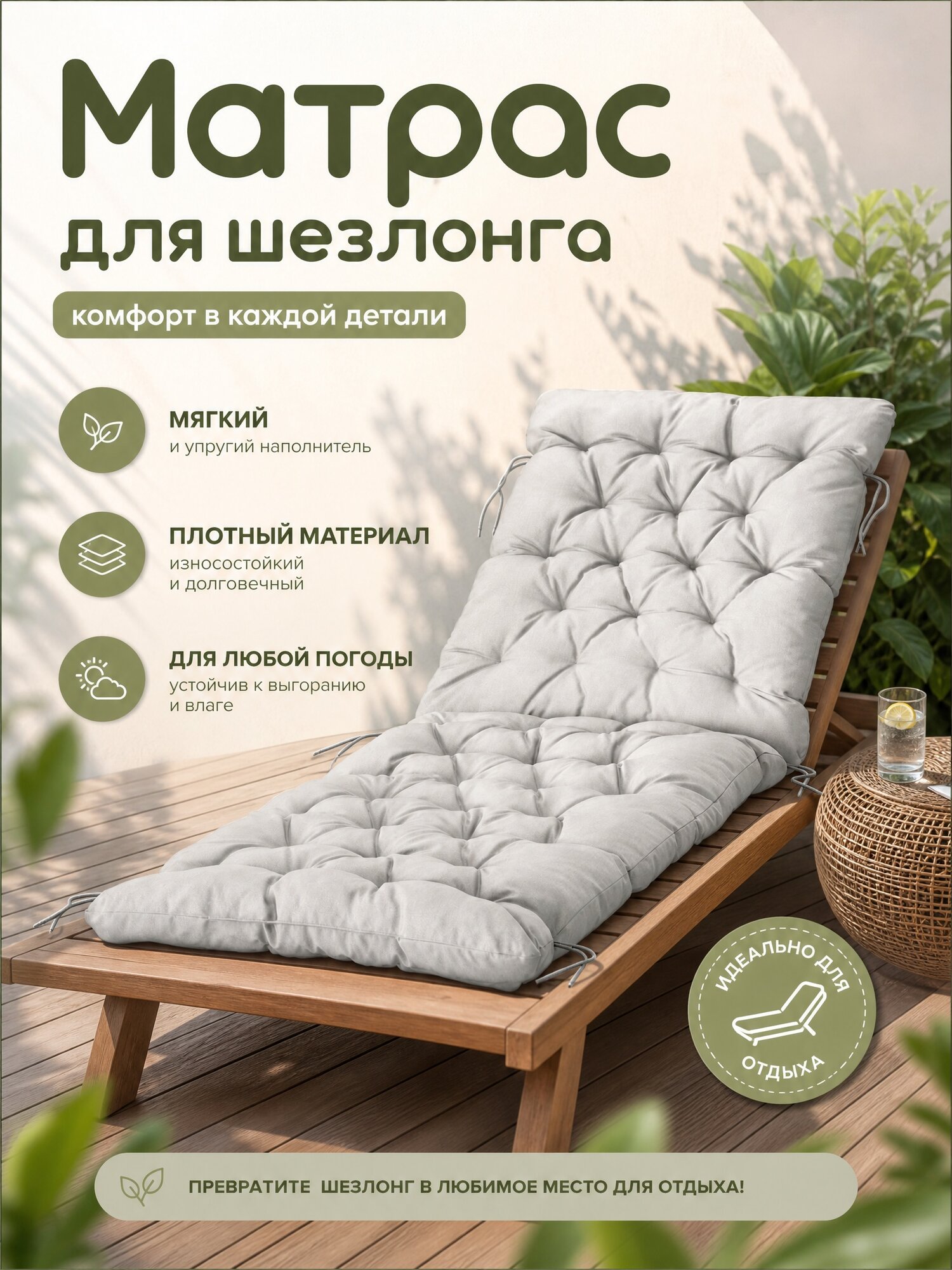 Матрас для шезлонга 23rd Avenue серый с тафтингом, 60 x 190см