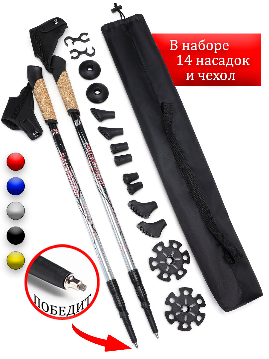Палки для скандинавской ходьбы PALKIPALKI manGO Classic набор с аксессуарами и чехлом, серебристые
