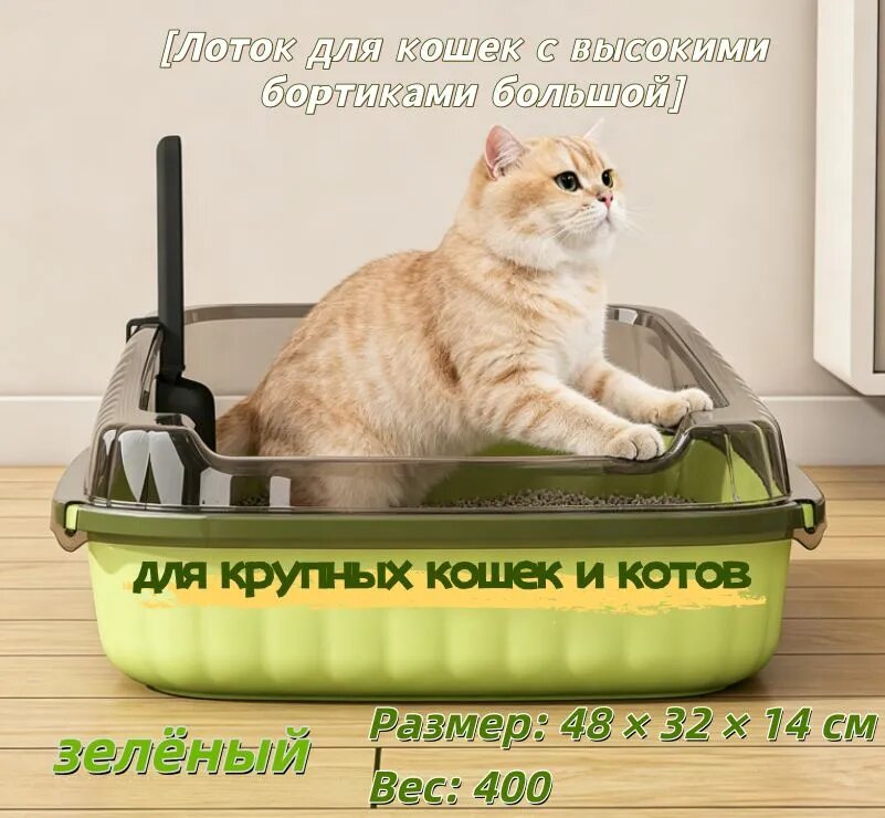 Большой туалет для кошек с высокими бортиками 48 32 14 см лоток из пластика, в комплекте лопатка, для крупных котов, легко мыть, для квартиры