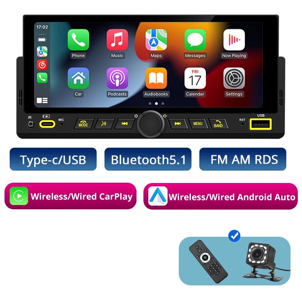 Автомагнитола 1Din с CarPlay, Android Auto, Bluetooth 5.1, Type-C, Camera