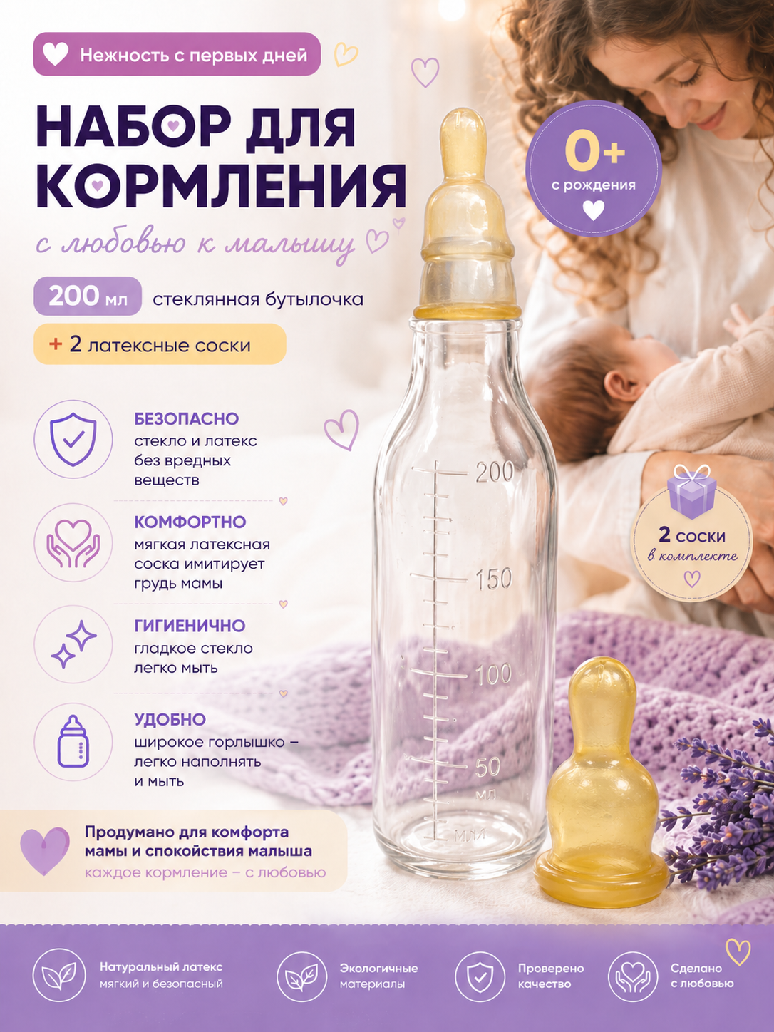 Набор для кормления. бутылочка стеклянная 200 мл и 2 латексные соски