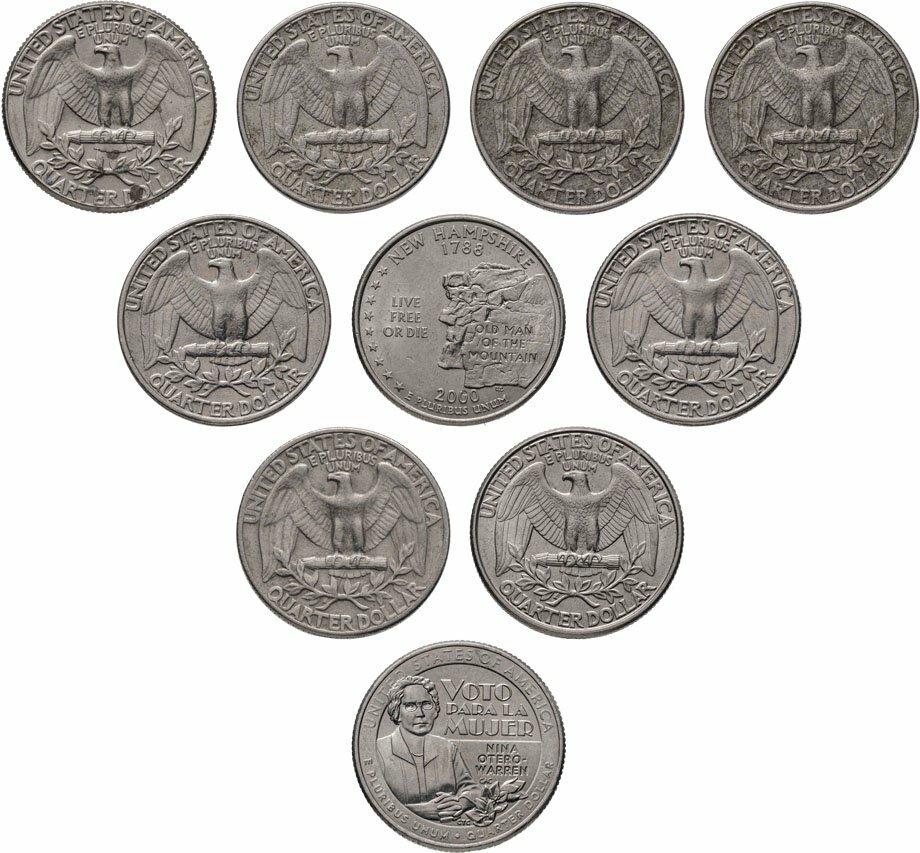 США набор из 10 монет 25 центов квотер, 1/4 доллара, quarter dollar 1965-2022, Медь, в сохранности VF-UNC