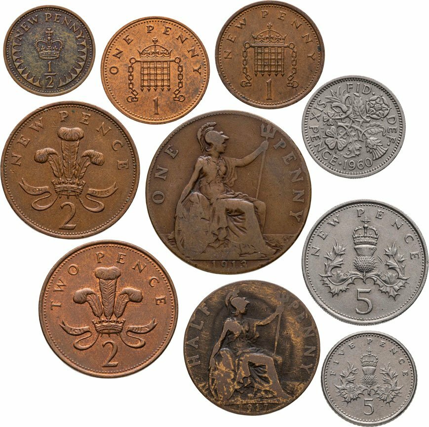 Великобритания набор 10 монет 1/2, 1 пенни penny и 2, 5, 6 пенсов pence 1913-2000, Различные сплавы, в сохранности F-AU