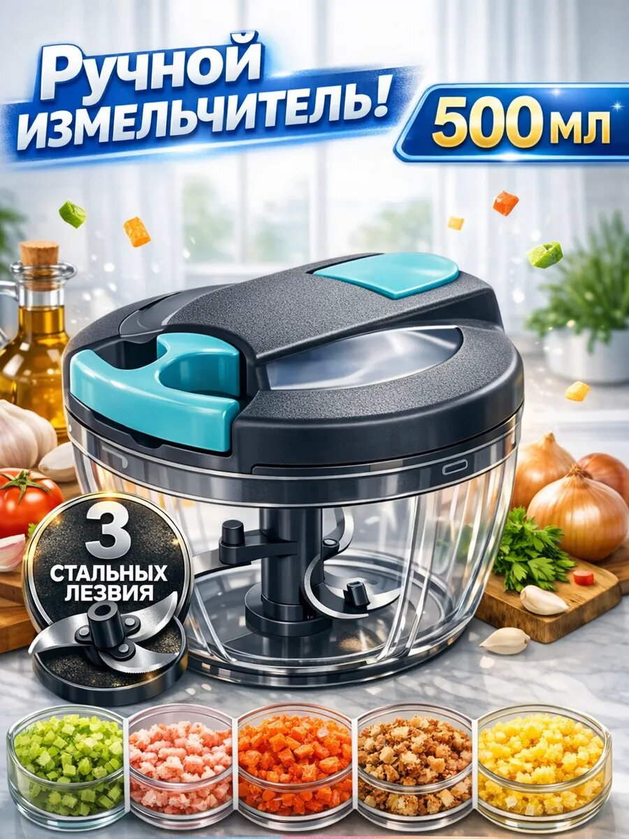 Измельчитель кухонный, с контейнером, нержавеющая сталь, 500мл