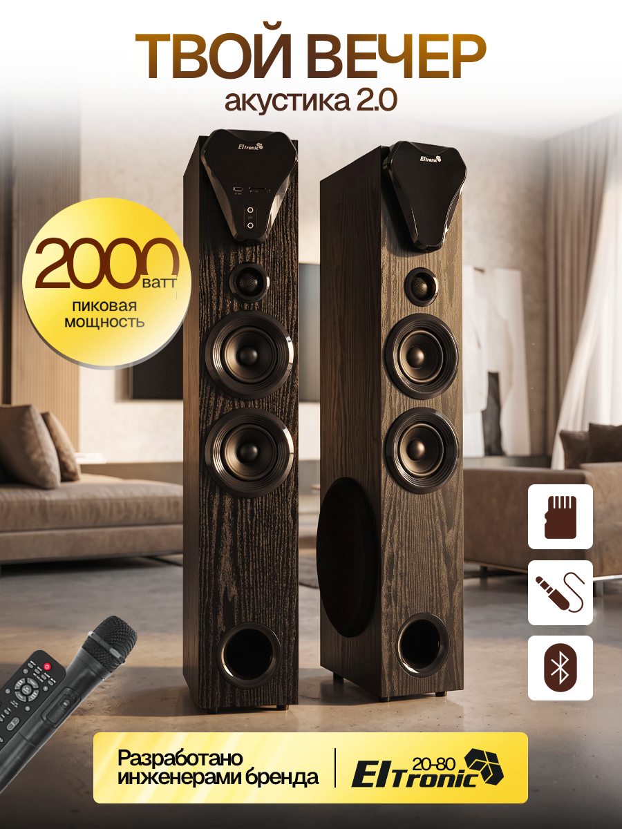 Акустические колонки Eltronic 20-80, 200 Вт, с микрофоном, Bluetooth, черная