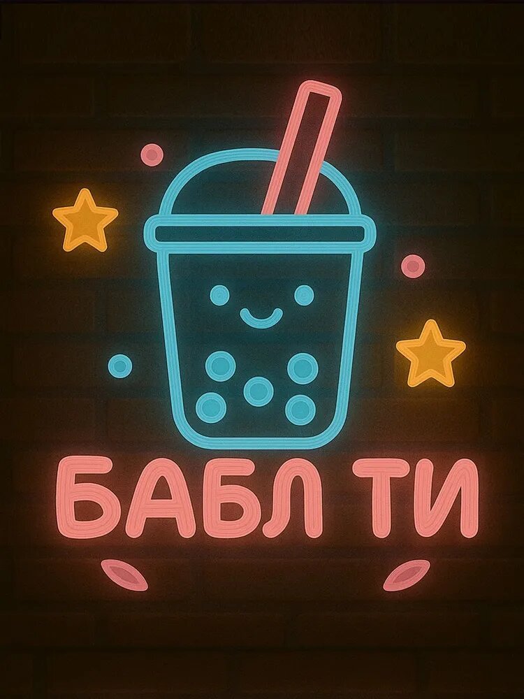 Бабл ТИ -неоновая вывеска декоративный светильник, 50 х 42 см, Розовый, оранжевый и синий