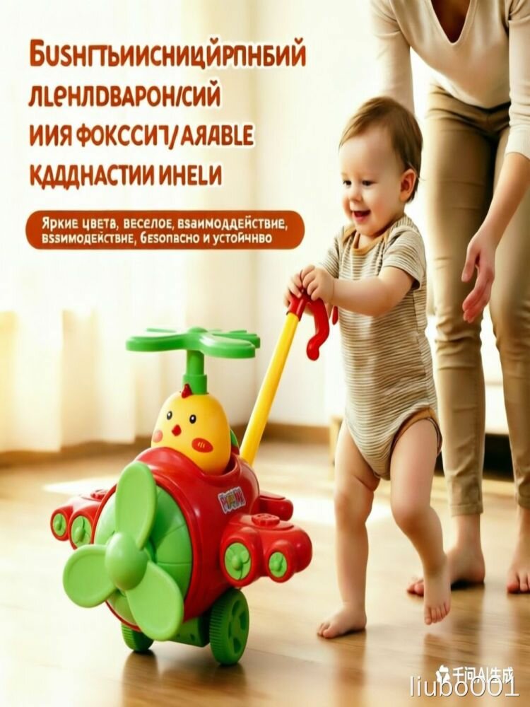 Детская каталка самолетик с цыпленком красно-зеленая с регулировкой ручки для обучения ходьбе толкалка