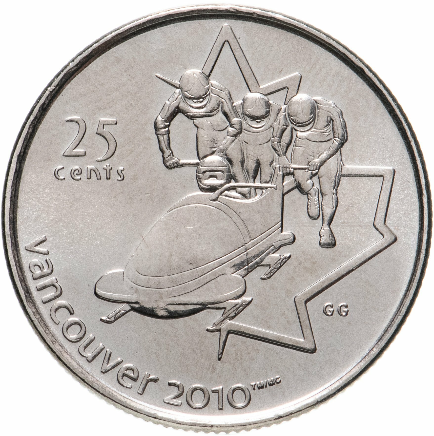 Канада 25 центов cents 2008 "XXI зимние Олимпийские Игры, Ванкувер 2010 - Бобслей", Сталь, в сохранности UNC