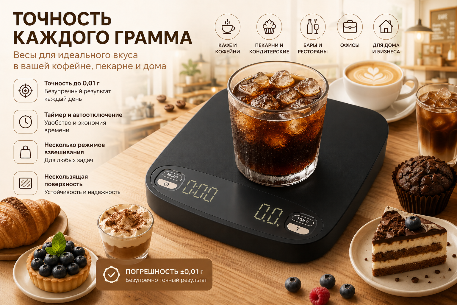 Весы для понимающих в кофе бариста, с точность 0,01г, с приложением Bluetooth