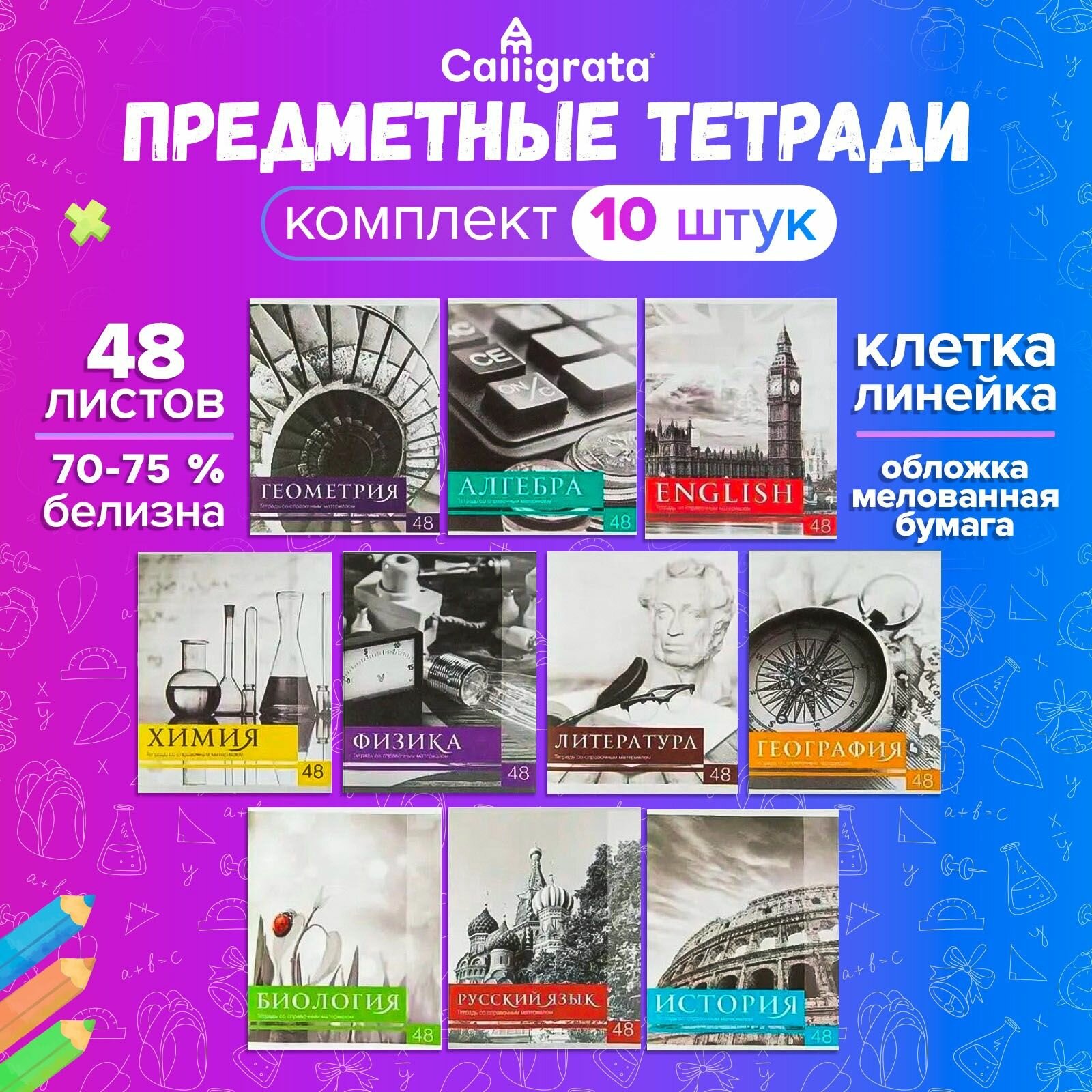 Комплект тетрадей 10 шт/48 листов "Черное-белое" со справочным материалом, серые листы