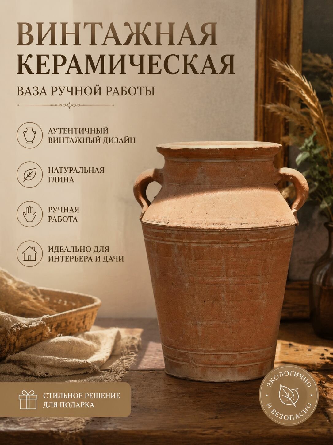 Ваза "Старинная глиняная ваза ручной работы из грубой керамики", 30 см , Керамика, Фаянс, 1 шт