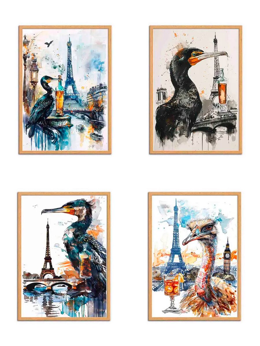 Страус Пьет Виски, 4 Плаката, 30x21см