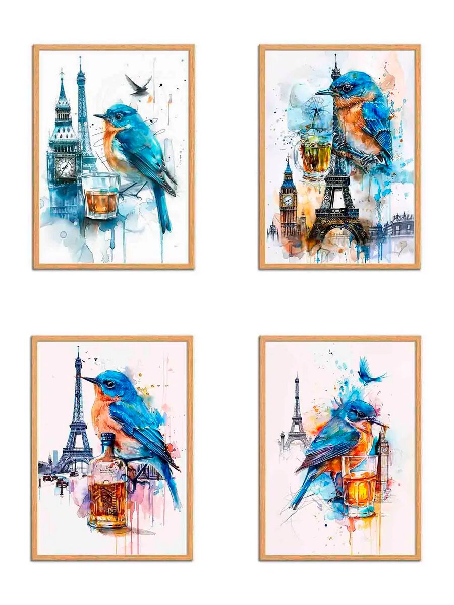 Синяя птица Пьет Виски, 4 Плаката, 30x21см