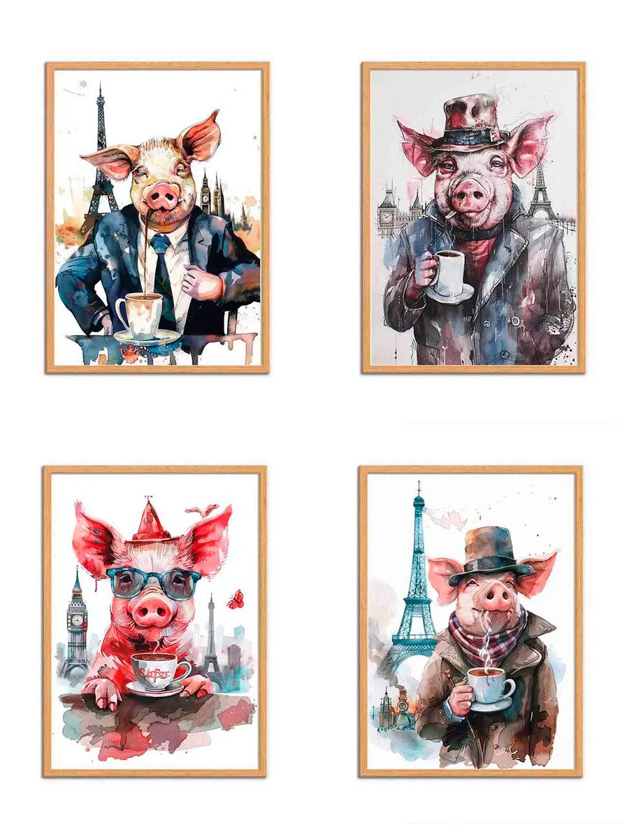 Свинья Гангстер пьёт кофе, 4 Плаката, 30x21см