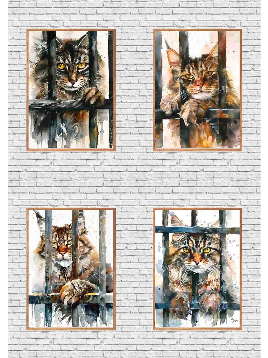 Кот Мейн-кун - преступник в тюрьме, 4 Плаката, 30x21см