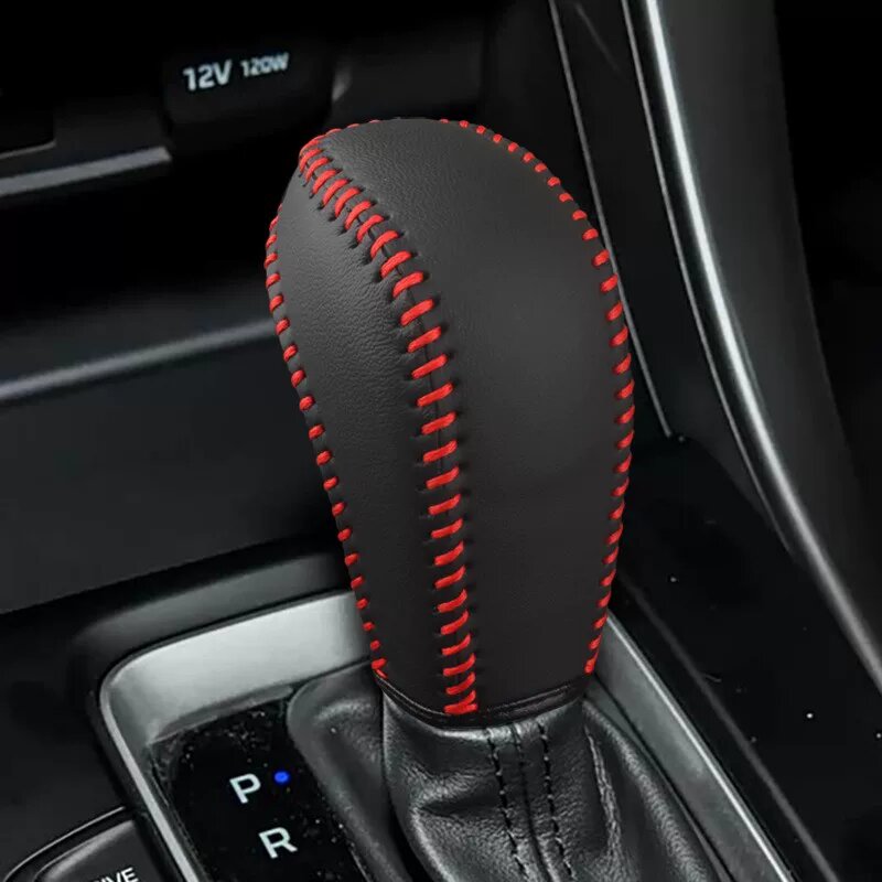 Кожаная ручка переключения передач для Hyundai IX35 2018-2020, черная с красной строчкой