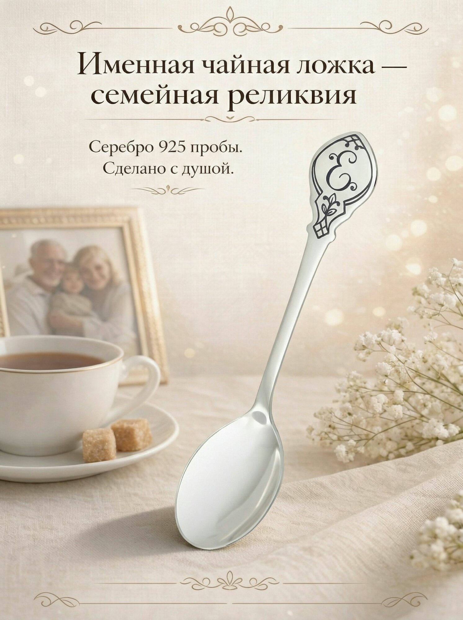 Серебряная именная чайная ложка с буквой "Е" в подарочном конверте, серебро 925 пробы