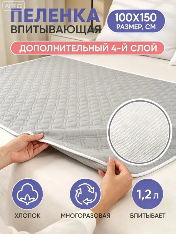 Многоразовая впитывающая пеленка BESIDE волны 100x150 см, хлопок полиэстер, ПВХ, бело-голубая клеенка подкладная водонепроницаемая непромокаемая для детей, новорожденных, взрослых и животных бисайд