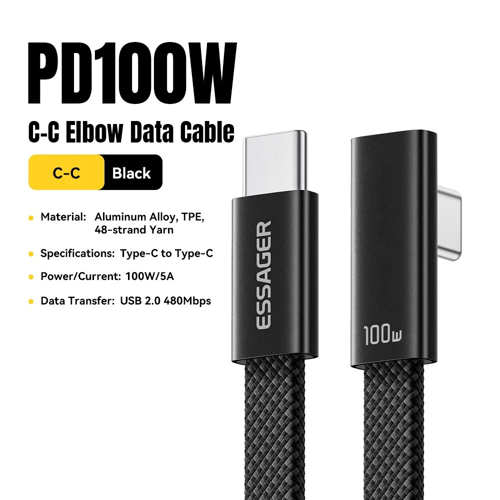 Кабель Essager USB Type-C с угловым разъемом 100 Вт для iPhone 17 16 Pro, быстрая зарядка, для iPad, MacBook Pro, Xiaomi, Samsung, Huawei