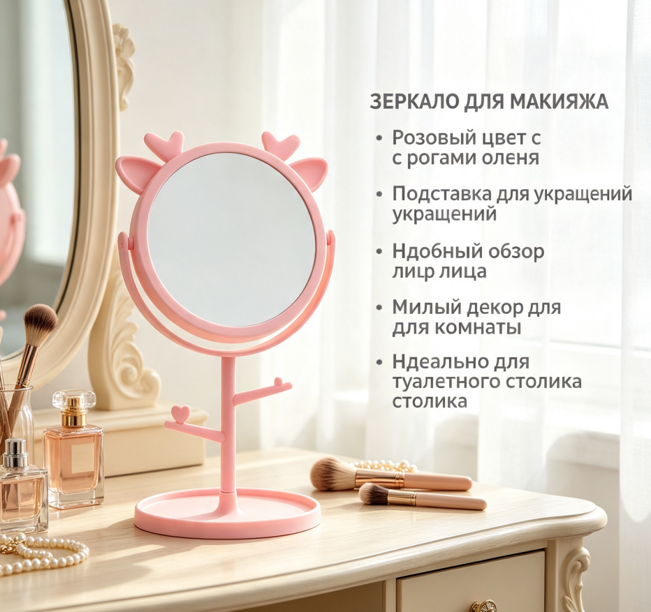 Милое настольное зеркало для макияжа с ушками, поворотное основание, подставка для серег, косметическое