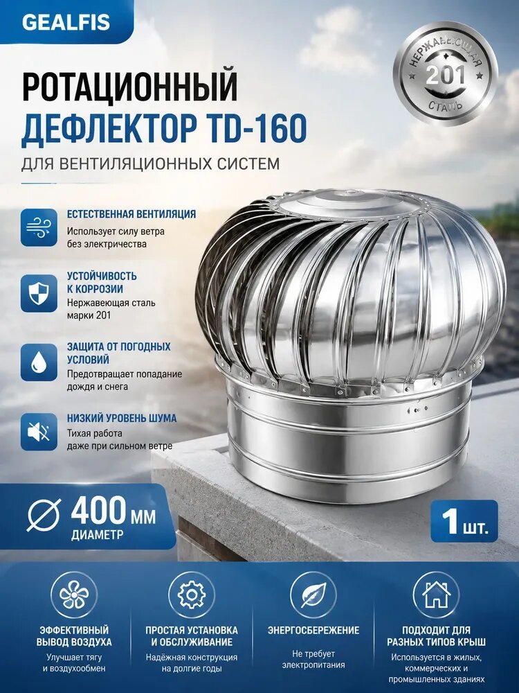 GEALFIS Ротационный дефлектор TD-160, Нержавеющая сталь марки 201, антикоррозийный, энергонезависимый, для вентиляционных систем, диаметр 400 мм, 1 шт