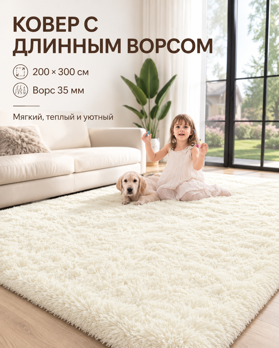 Большой белый ковёр размером 200×300 см с высоким ворсом 35 мм для гостиной и детской комнаты, 1.5 x 2 м