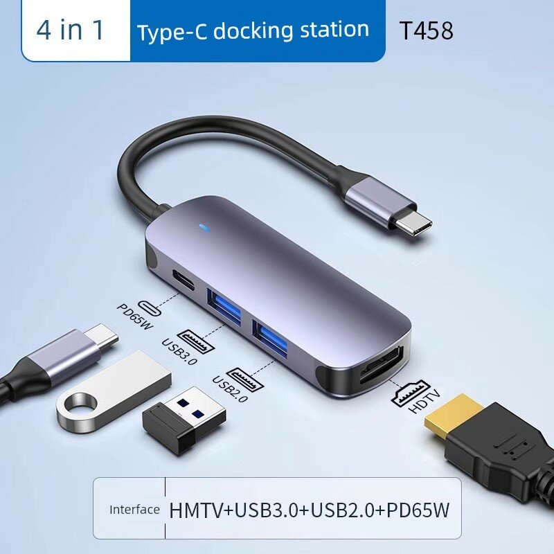4 в 1 серый USB хаб с зарядкой 65Вт PD, HDMI выходом и 2 портами для ноутбука