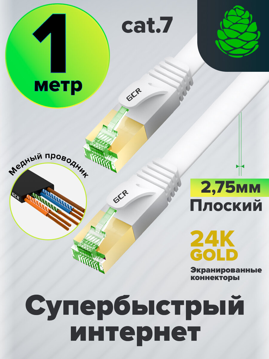 Патч-корд плоский 1м GCR cat.7 FTP 10 Гбит/с RJ45 LAN профессиональный компьютерный кабель для интернета медный экранированные коннекторы 24K GOLD белый