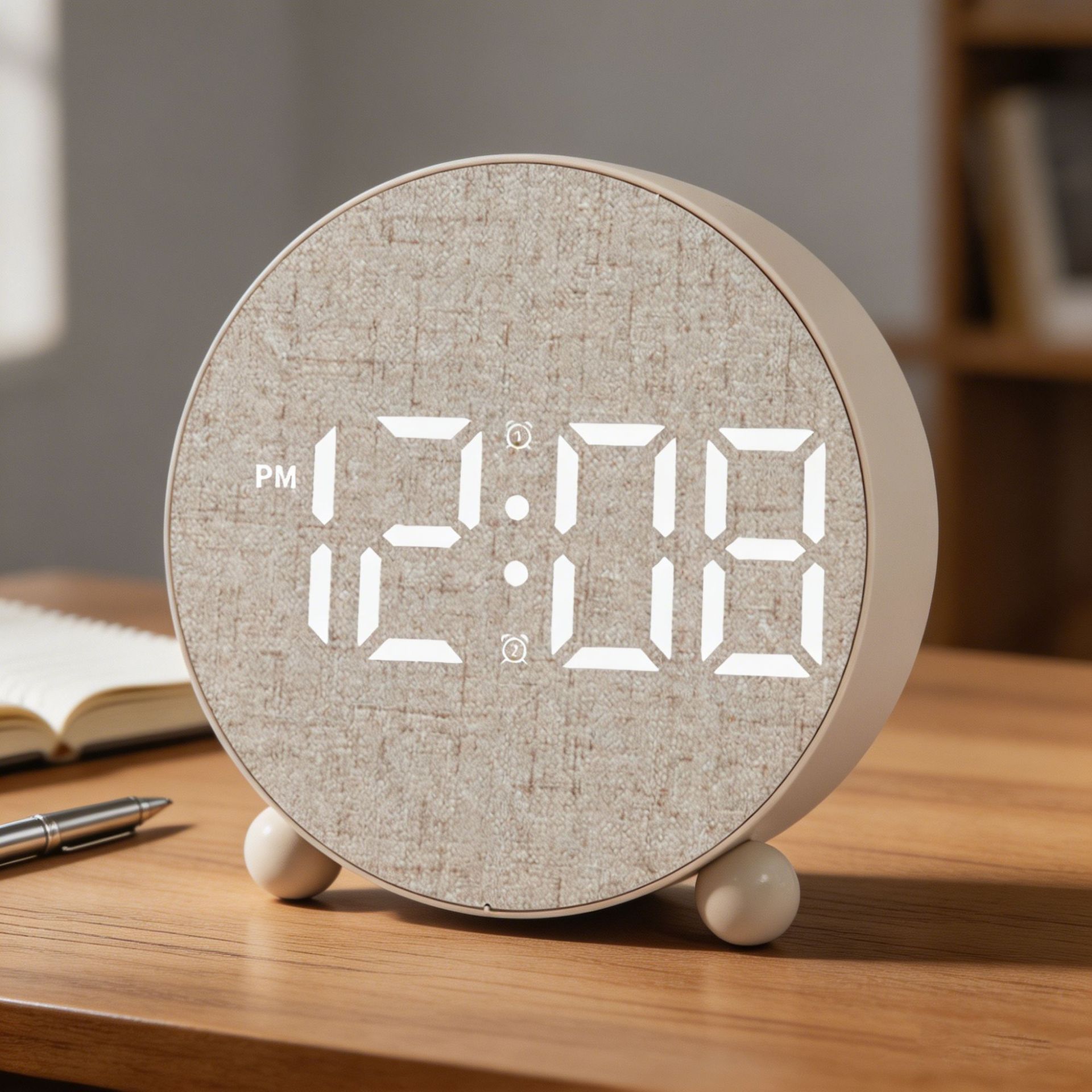 ⏰ Электронные настольные часы с термометром ⏰ цифровой будильник LED экран корпус с текстурой ткани бежево-серого цвета