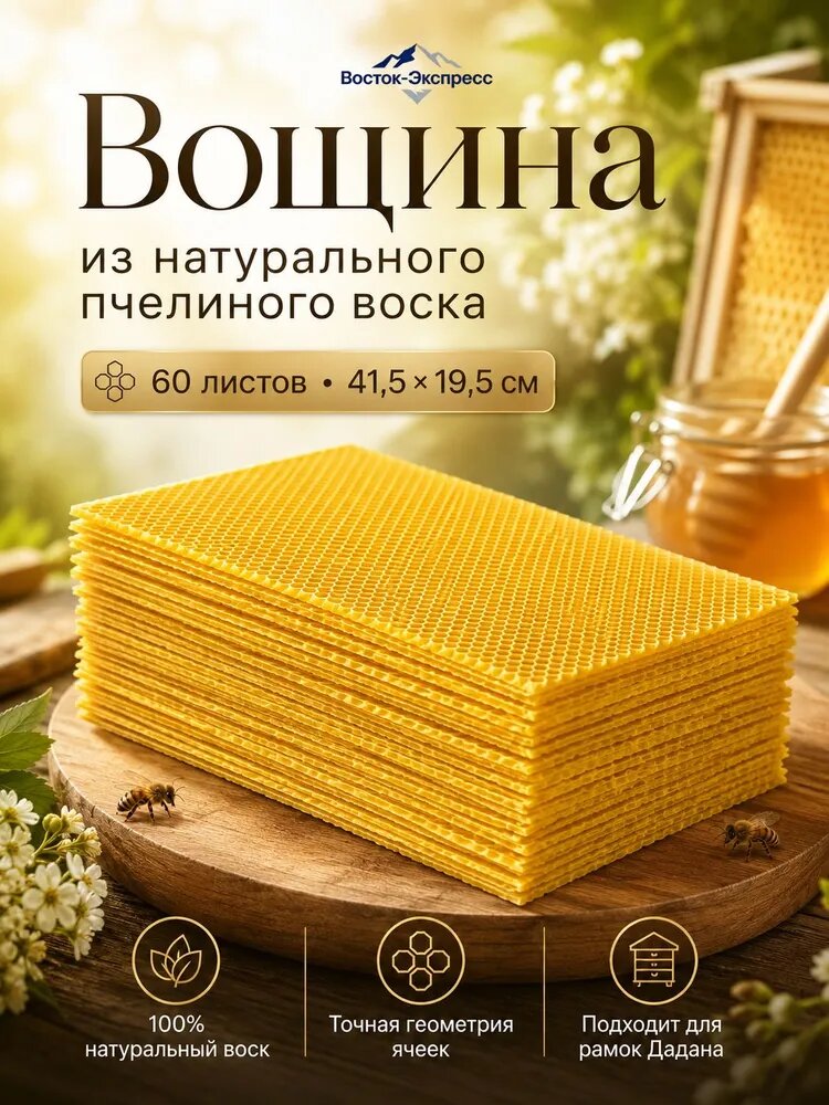Вощина из натурального пчелиного воска, 60 шт, 41,5х19,5 см