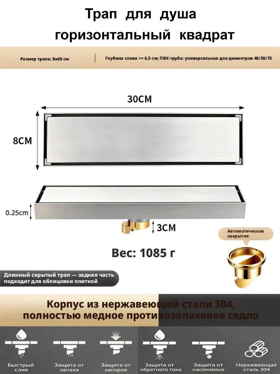Трап для душа горизонтальный квадрат Сифон под плитку