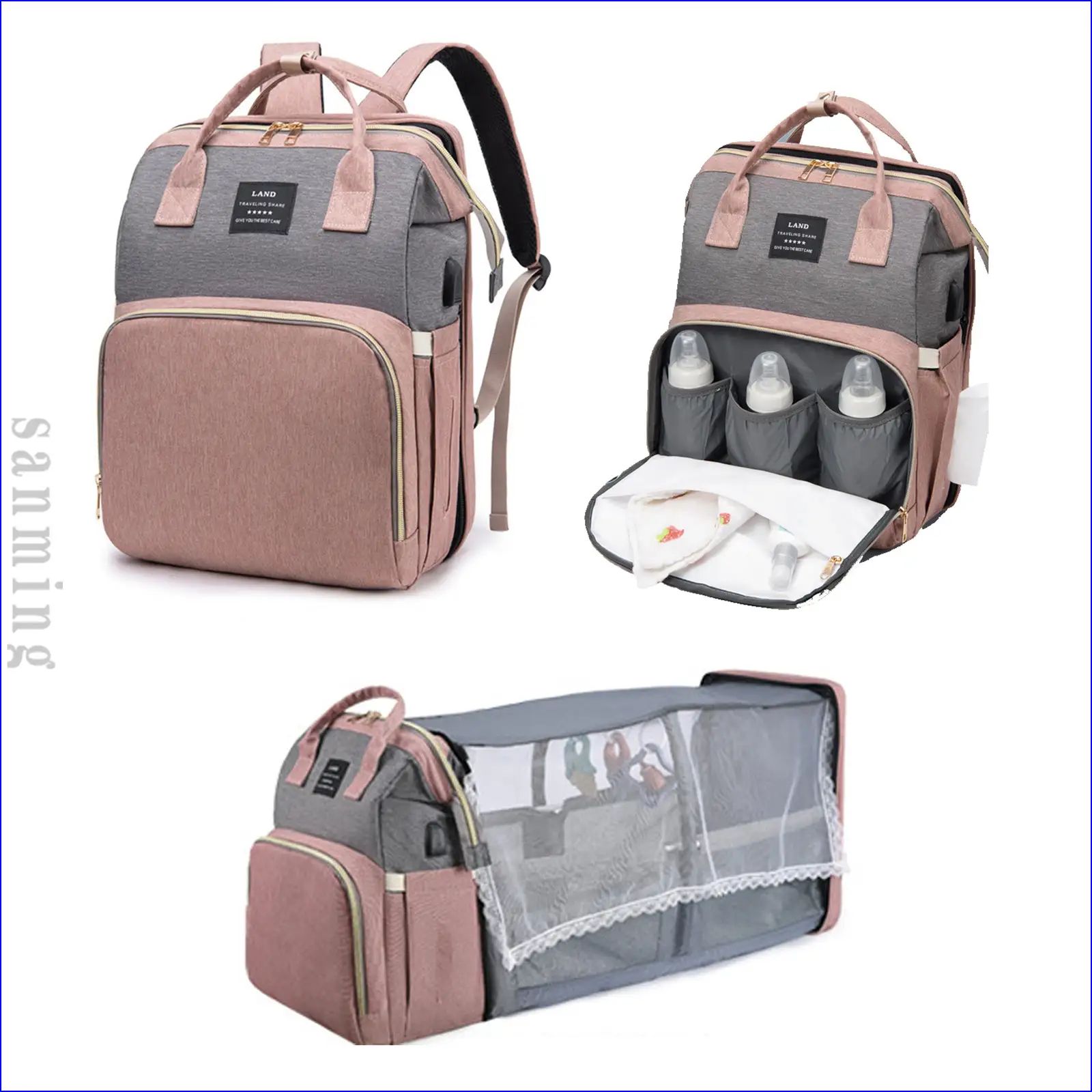 Рюкзак 3-1 Diaper Baby Bag, большая вместимость, складная детская кроватка для путешествий для девочек и мальчиков (розовый)