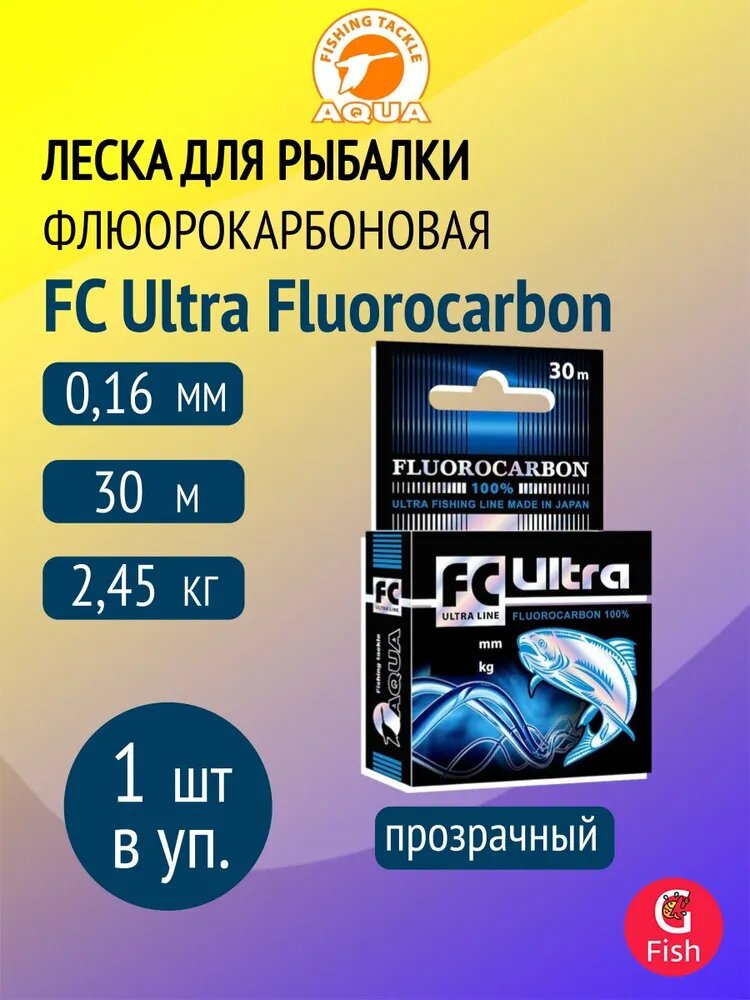 Леска для рыбалки AQUA FC Ultra Fluorocarbon 100% 0,16mm 30m, цвет - прозрачный, test - 2,45kg ( 1 штука )