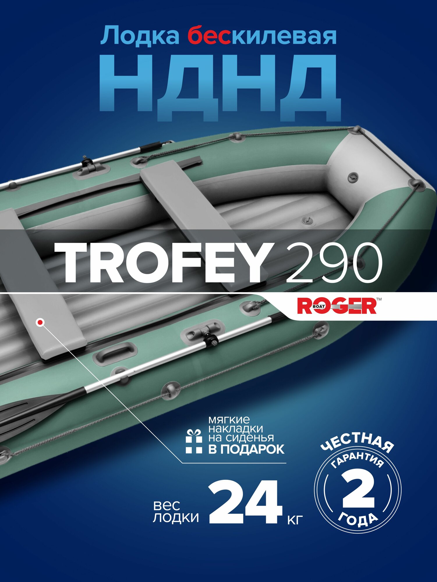 Лодка ПВХ под мотор НДНД ROGER Trofey 290, лодка надувная для рыбалки роджер (зеленый серый)