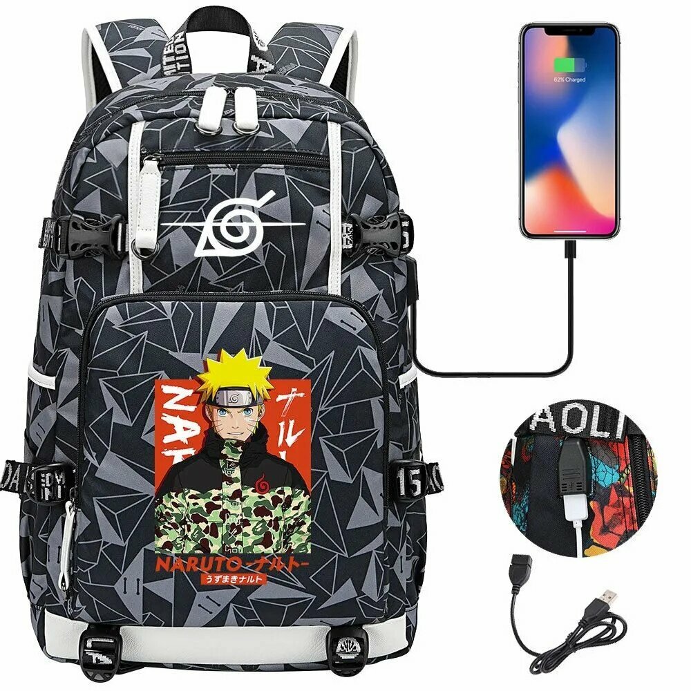 Рюкзак школьный Аниме Uzumaki Naruto USB-зарядка сумка для путешествий и ноутбук