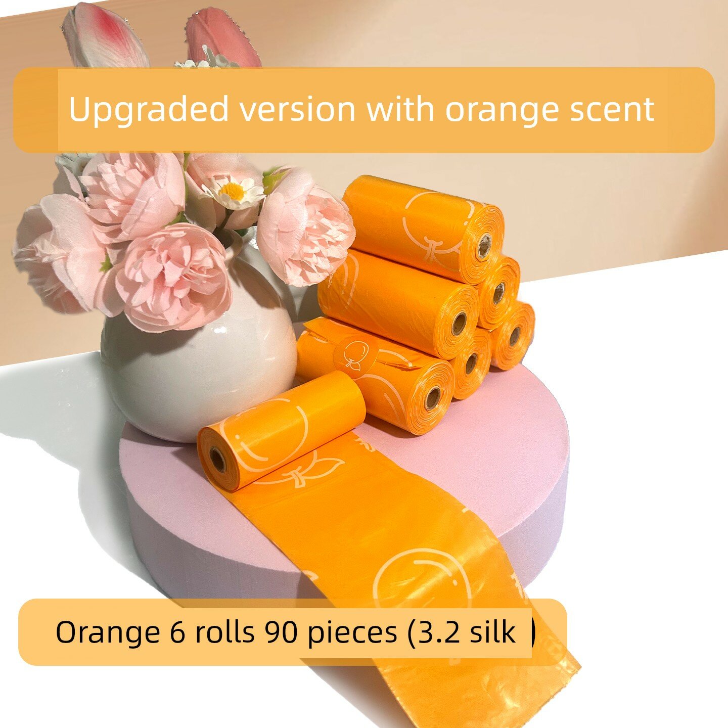 6 рулонов оранжевых биоразлагаемых прочных пакетов для собачьего туалета, 90 одноразовых с ароматом апельсина