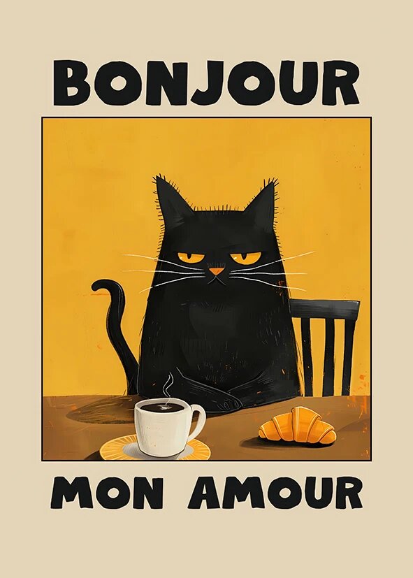 Постер "Bonjour, Mon Amour" с черным котом, 30x40 см