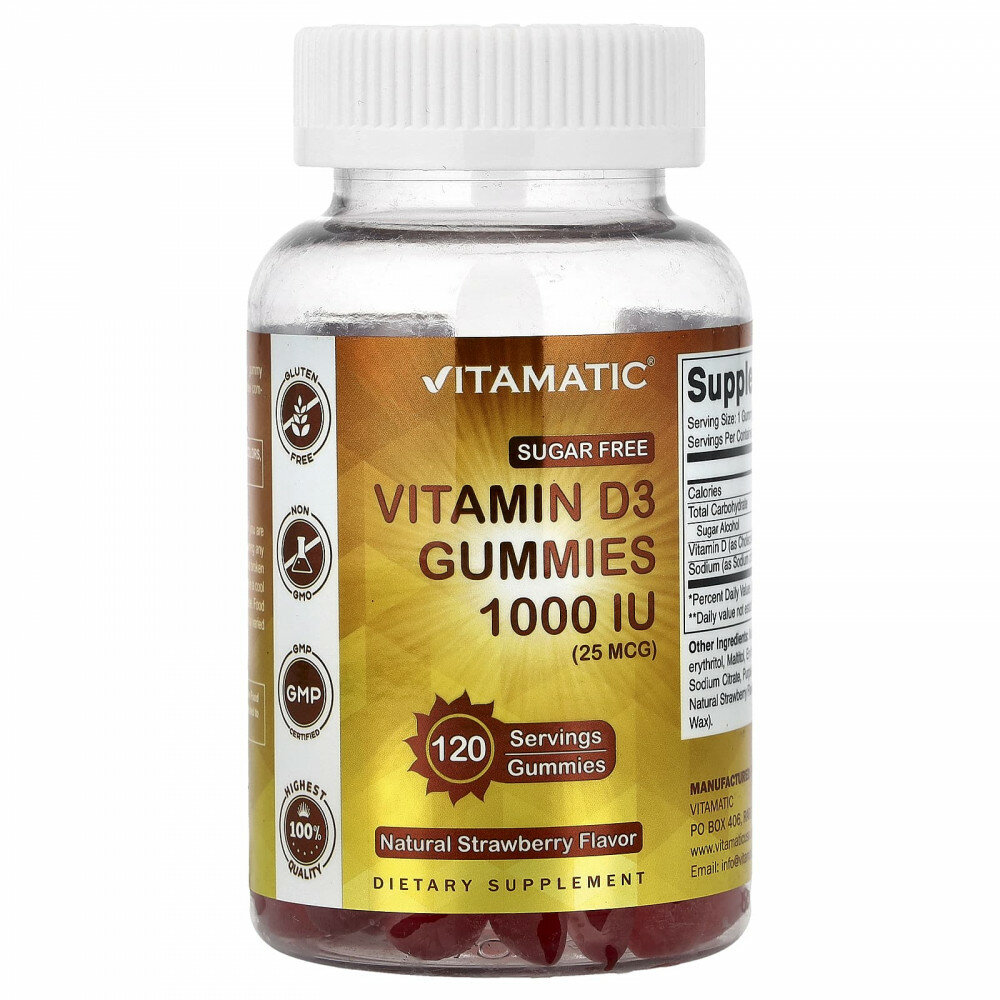 Vitamatic, Жевательные мармеладки с витамином D3, натуральная клубника, 1000 МЕ (25 мкг), 120 жевательных таблеток