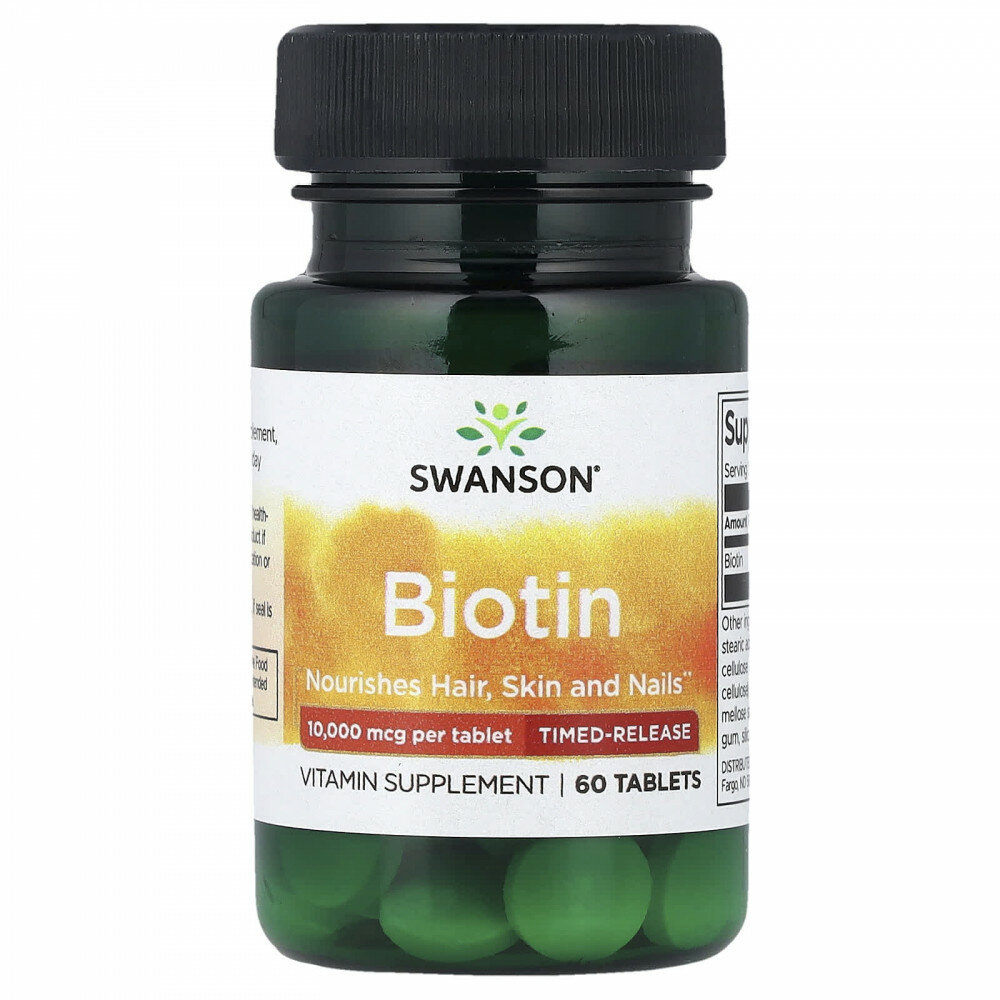 Swanson, Биотин, замедленного высвобождения, 10 000 мкг, 60 таблеток
