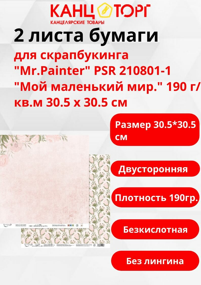 2 листа бумаги для скрапбукинга "Mr.Painter" PSR 210801-1 "Мой маленький мир." 190 г/кв. м 30.5 x 30.5 см