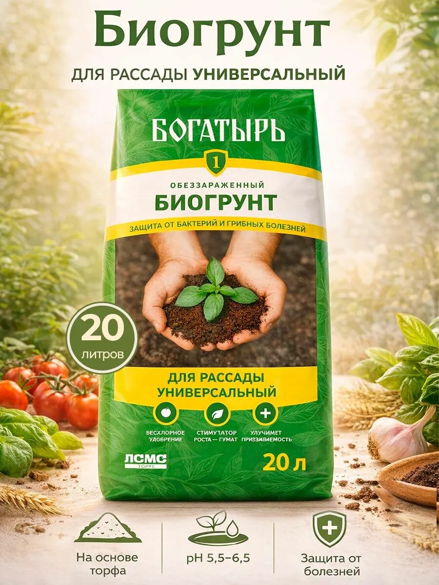 Биогрунт универсальный на основе торфа для рассады, овощей, цветов, Богатырь, 20 л