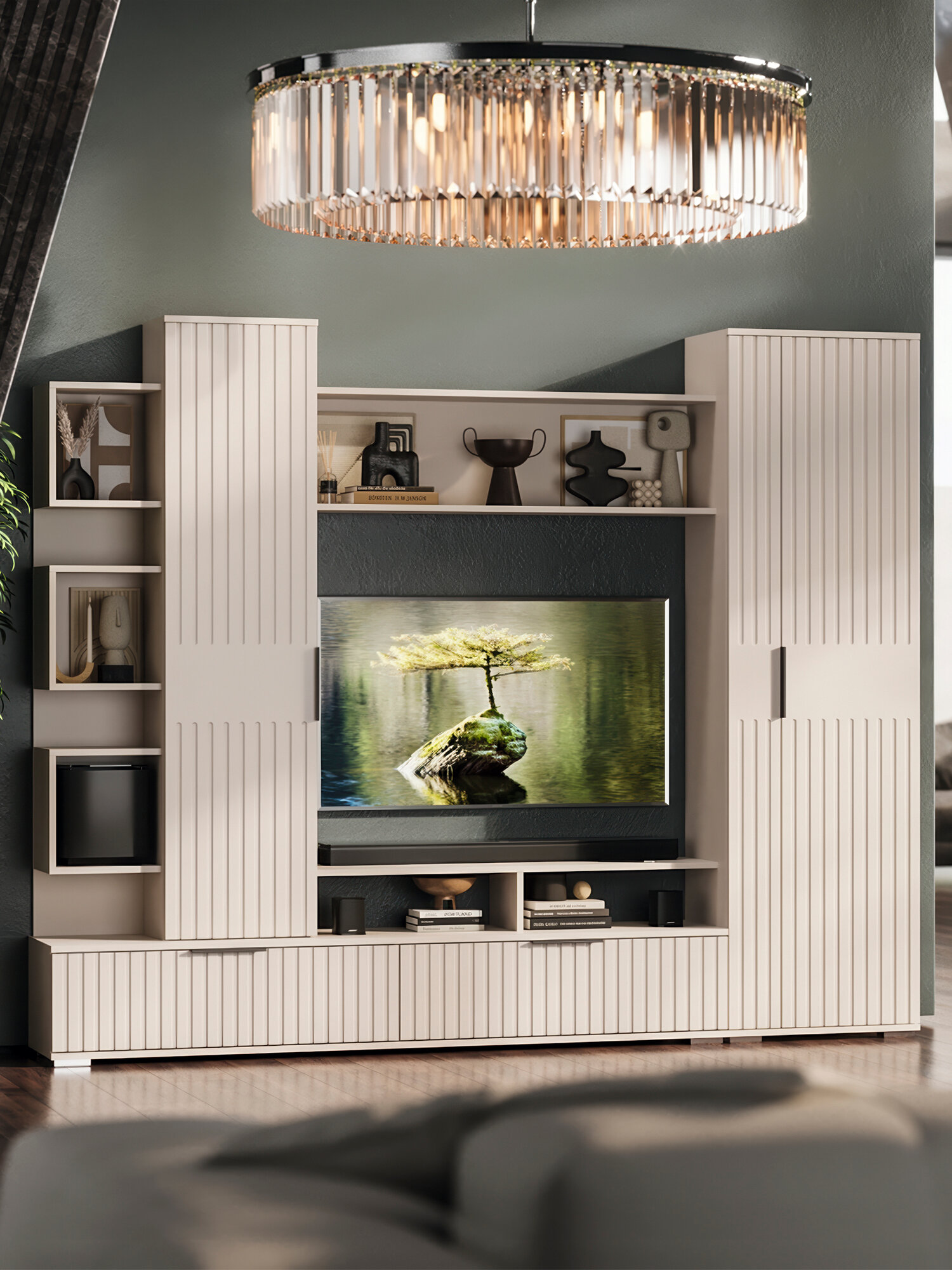 Гостиная Мебель Трия Моника 235х35,9х190 см. Кашемир/Кашемир сатин